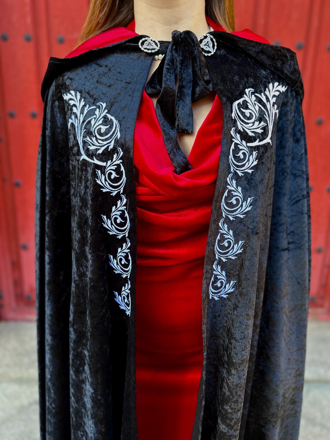 Black Velvet Hooded Cloak With Gothic Embroidery, Red Lining, Unisex ...