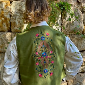 Green Vest With Floral Embroidery - Spanish Flowers - Handcrafted From ...