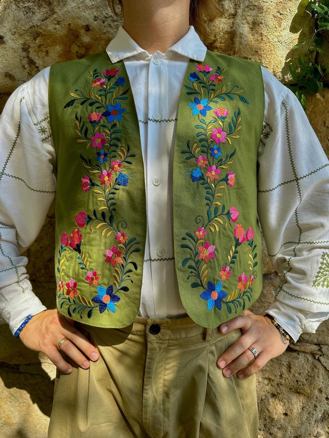 Green Vest With Floral Embroidery - Spanish Flowers - Handcrafted From ...