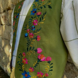 Green Vest With Floral Embroidery - Spanish Flowers - Handcrafted From ...