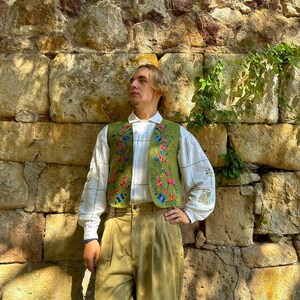 Green Vest With Floral Embroidery - Spanish Flowers - Handcrafted From ...