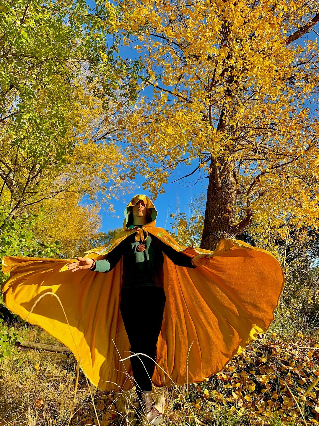 Golden Velvet Hooded Cloak With Egyptian Embroidery, Turquoise Lining ...