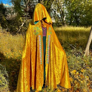 Golden Velvet Hooded Cloak With Egyptian Embroidery, Turquoise Lining ...