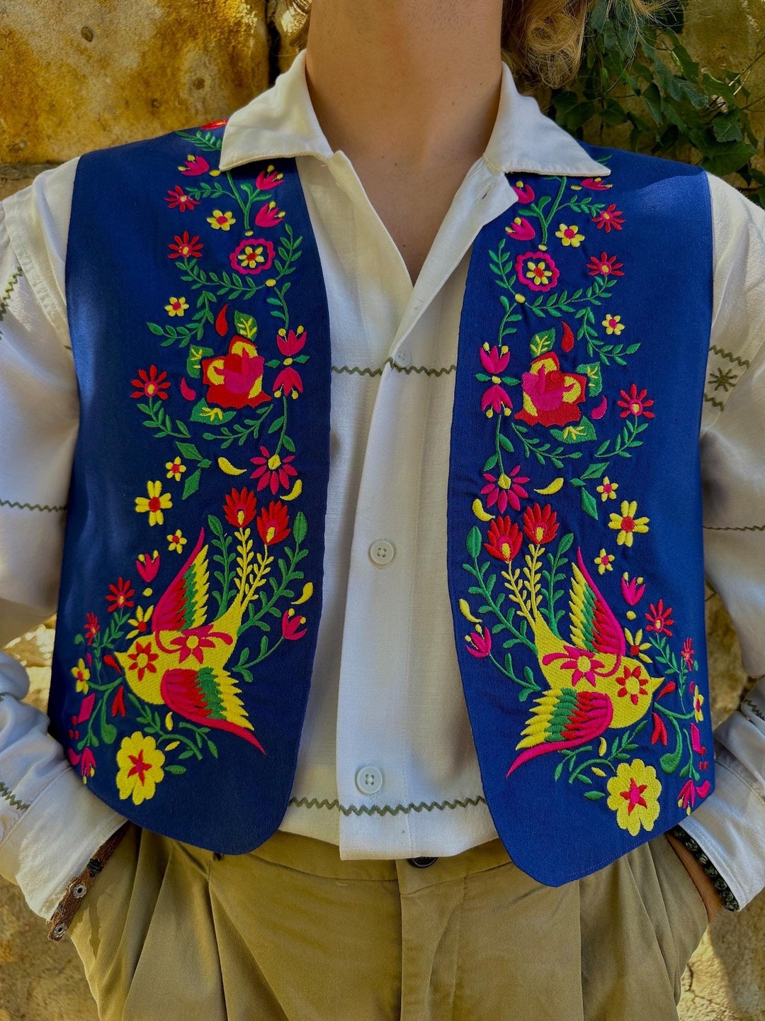 Blue Unisex Vest Embroidered Mexican Flowers Birds, Handmade, Gift for ...