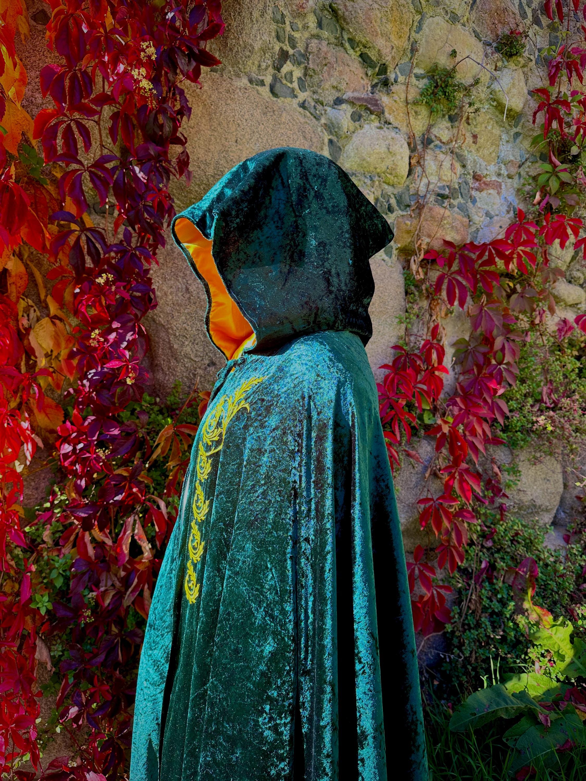 Green Velvet Hooded Cloak With Gothic Embroidery, Gold Lining, Unisex ...