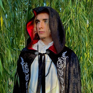 Black Hooded Cloak With Red Lining, Gothic Embroidery, Unisex Cape for ...