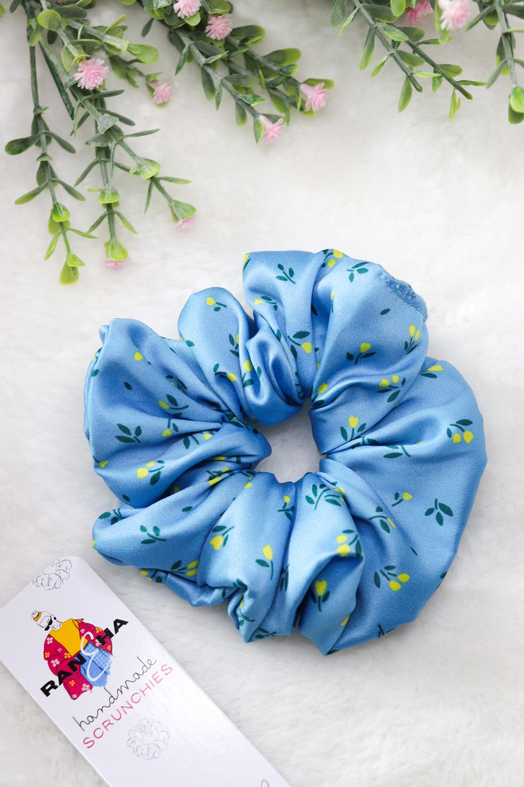 Scrunchie Pack of 2 1 Medium 1 Large, Silk Scrunchies, Floral Scrunchie ...