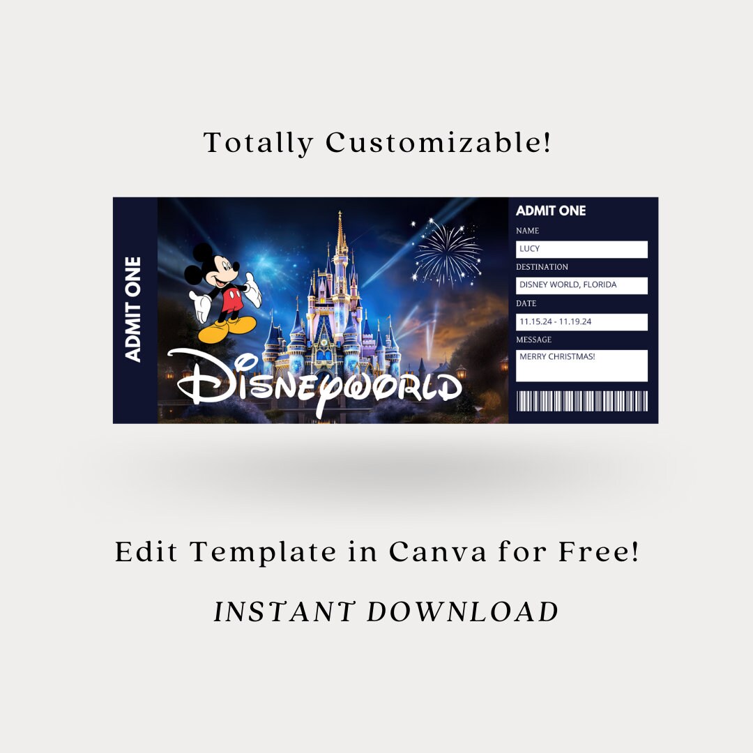 Disneyworld Ticket, Surprise Reveal Gift, Editable Ticket, Theme Park ...