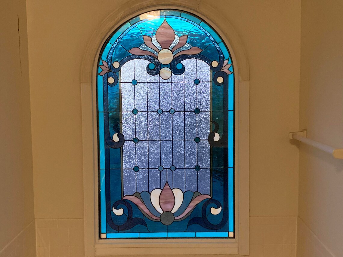 Stained Glass Window W-438 Modern Blue Arch - Etsy