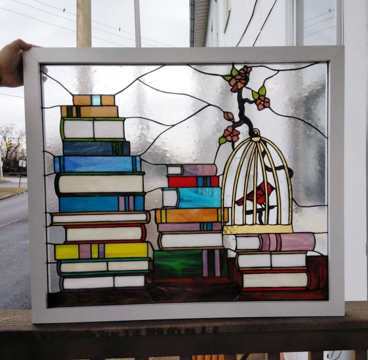 Stained Glass Window W-385 Birdcage and Books 2 - Etsy