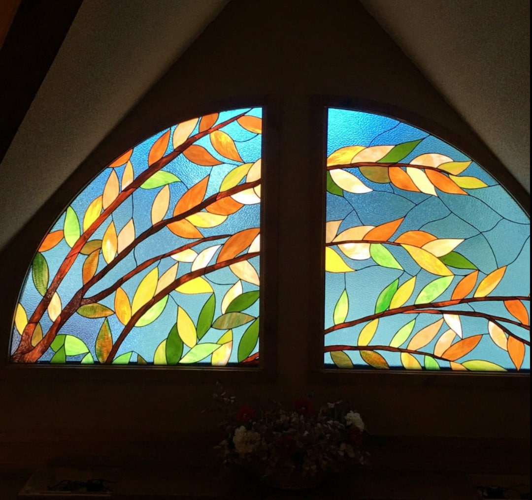 Stained Glass Arched Transom Window - W-371 Fall Leaves - Etsy