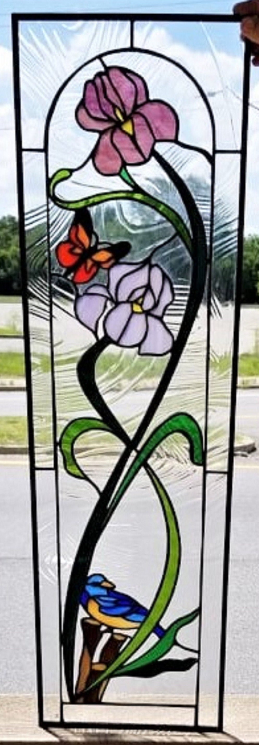 Springtime Serenade Irises, Bluebird, and Butterfly Stained Glass Door ...