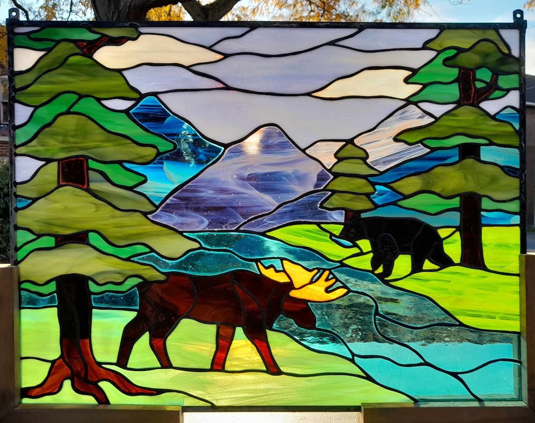 Stained Glass Transom Window - TW-292 Moose Scene - Etsy