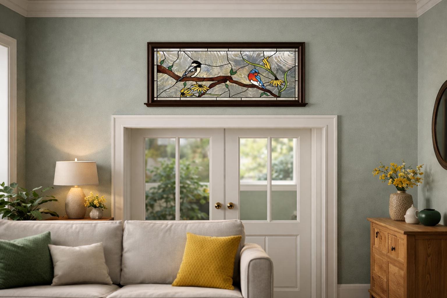 Whimsical Woodland Serenade: the Chickadee & Bluebird Transom Stained ...