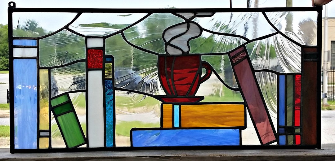 Stained Glass Hanging Panel - P-135 Books and Tea Cup - Etsy