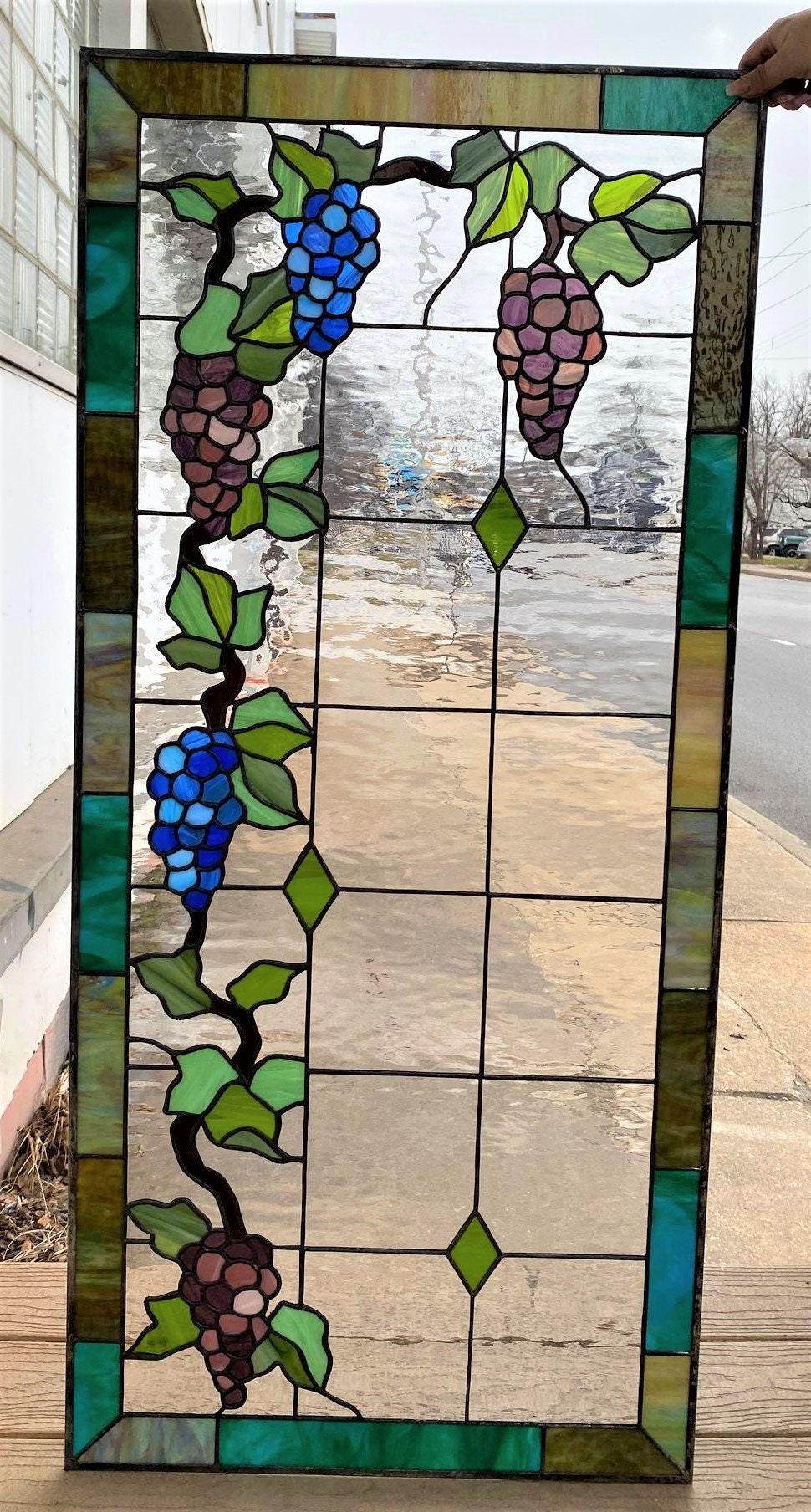 Tuscan Vineyard Stained Glass Panel – Elegant Grape & Leaf Artisan ...