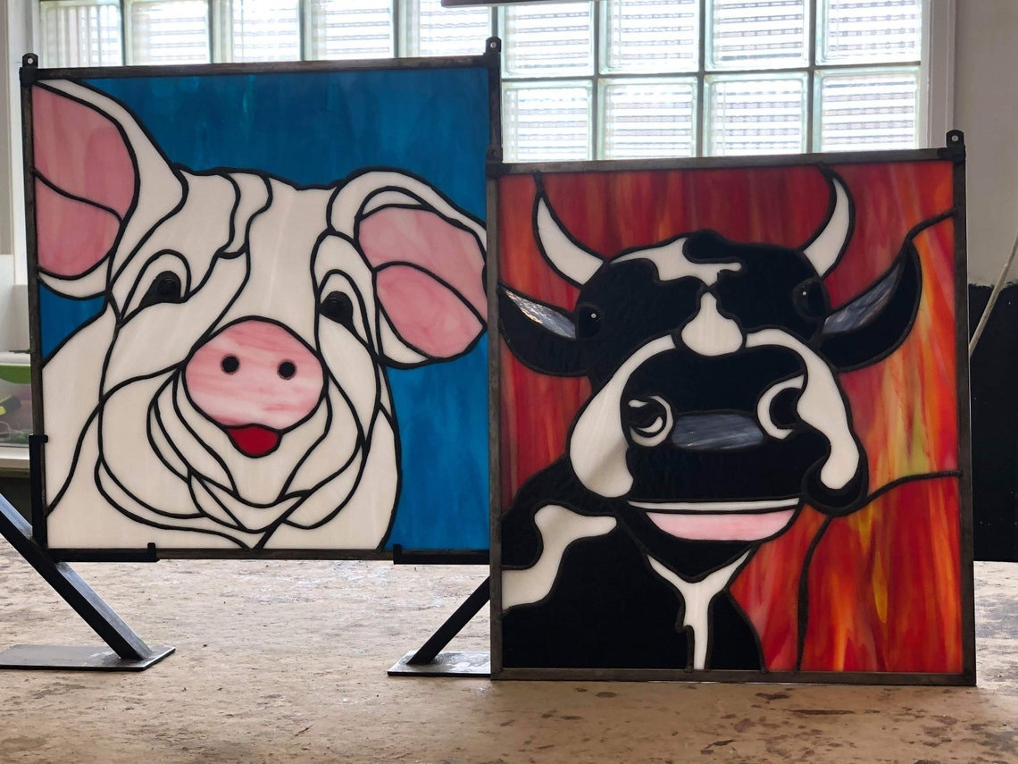 Stained Glass Hanging Panel RB-175 Happy Holstein Cow - Etsy