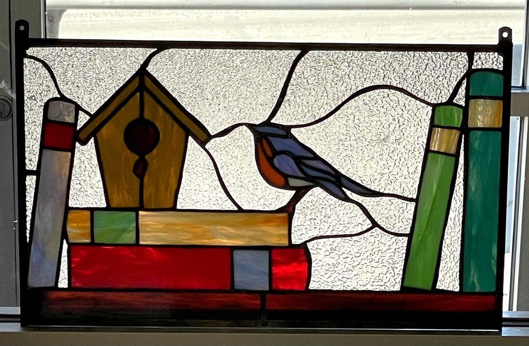 X-12 Bluebird & Bird House Stained Glass Hanging Window Panel - Etsy