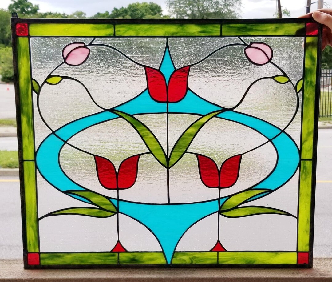 Turquoise Tulip Trellis: A Symphony in Glass Stained Glass Hanging ...