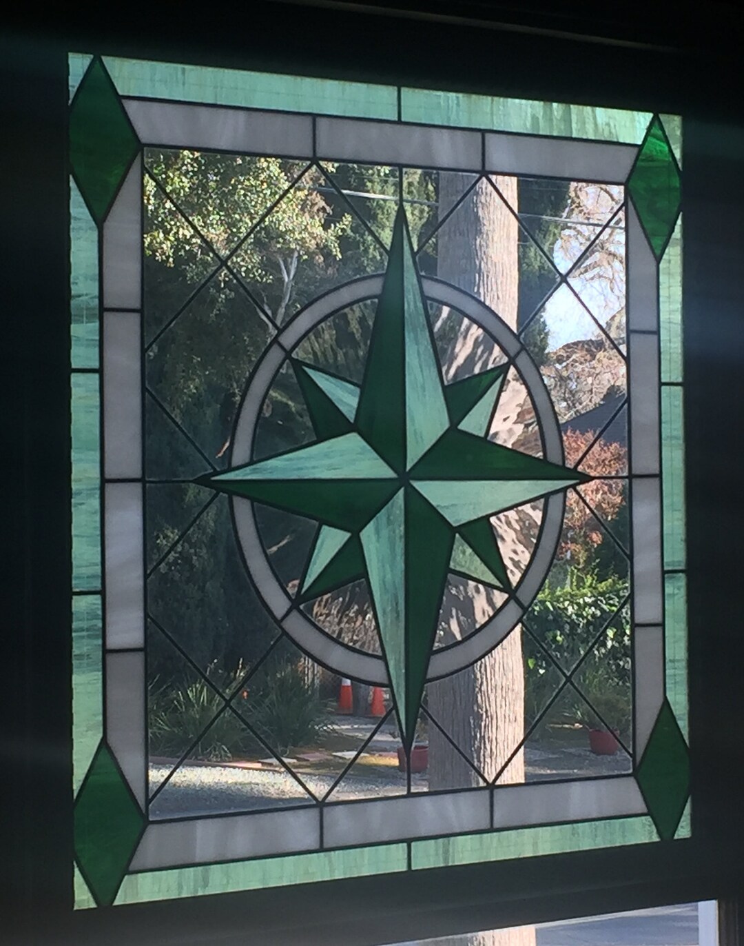Stained Glass Window - W-215 Compass Rose in Green Tones - Etsy