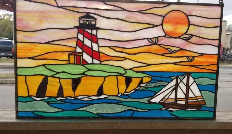 Stained Glass Window W-66 Lighthouse on the Cliff - Etsy