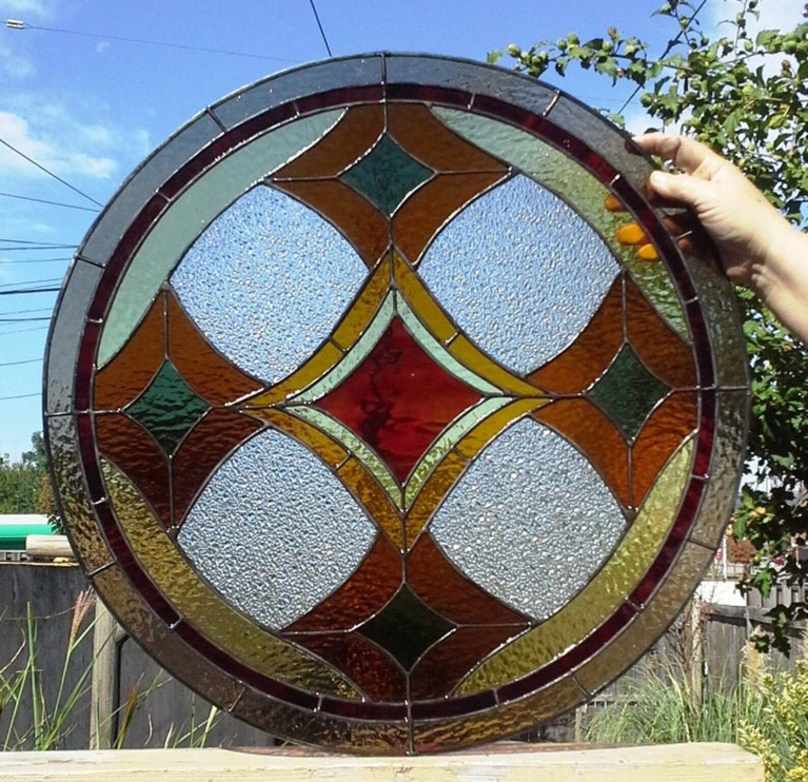 Stained Glass Round Window - W-64 Warm Colored Diamonds - Etsy