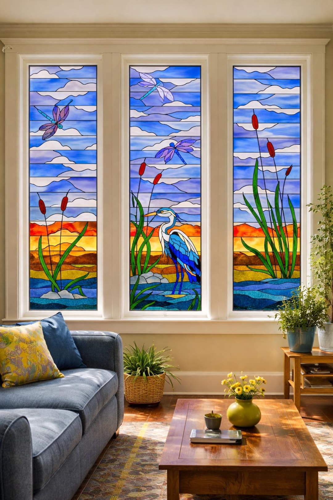 Marsh Wildlife Stained Glass Window Triptych – Heron & Dragonfly Nature ...