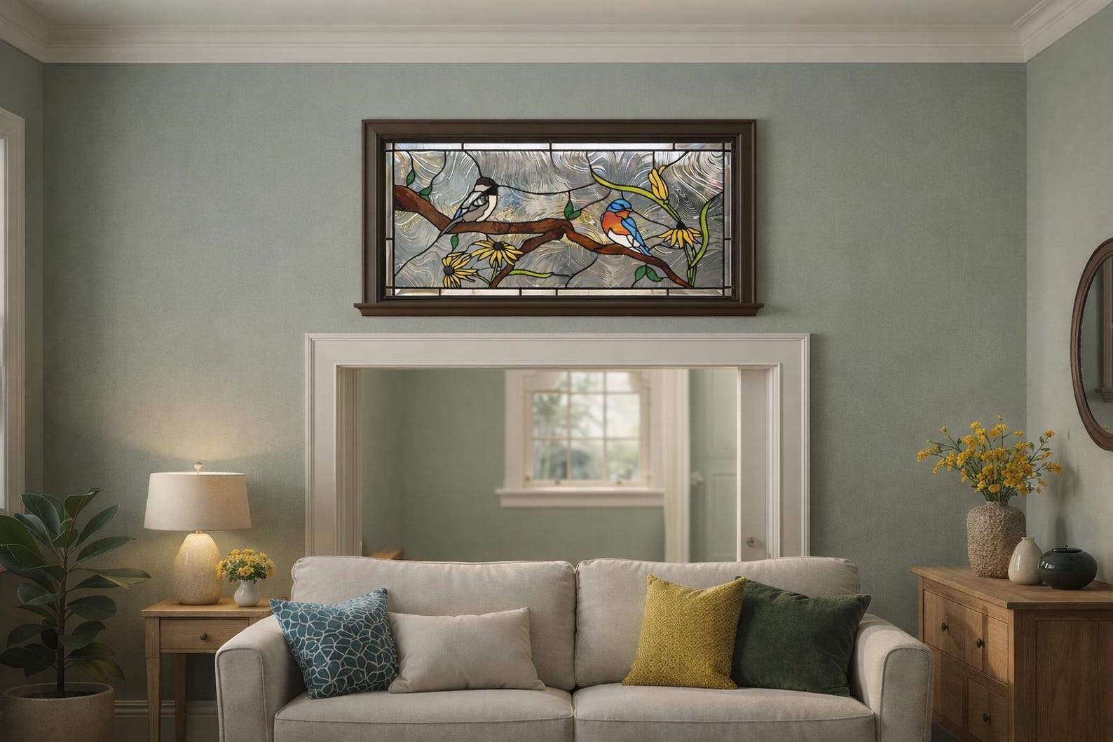 Whimsical Woodland Serenade: the Chickadee & Bluebird Transom Stained ...