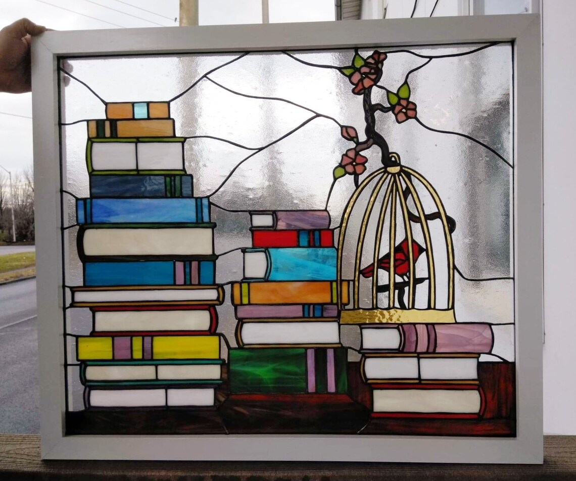 Stained Glass Window W-385 Birdcage and Books 2 - Etsy