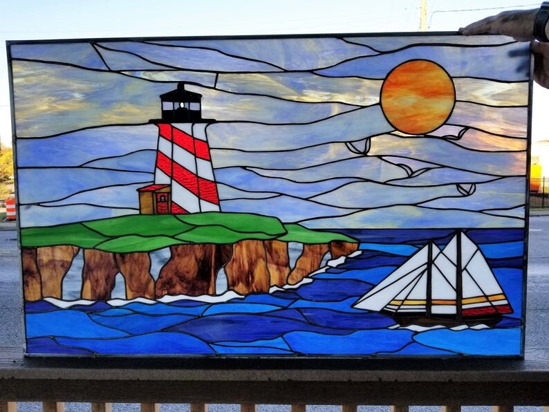 Stained Glass Window W-66 Lighthouse on the Cliff - Etsy