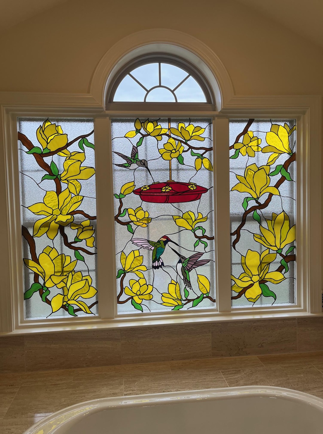 Stained Glass Hanging Panel Triptych Yellow Magnolia Tree and ...