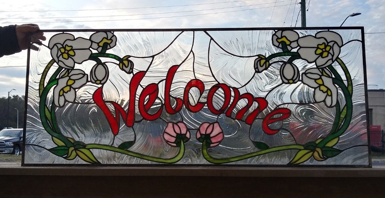 Stained Glass Panel-rb-48 Large Stained Glass Floral Welcome - Etsy