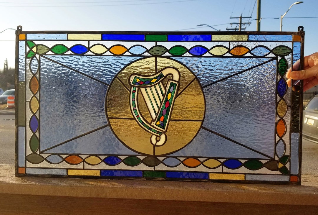 The Golden Celtic Harp Medallion Stained Glass Hanging Panel P-224 - Etsy