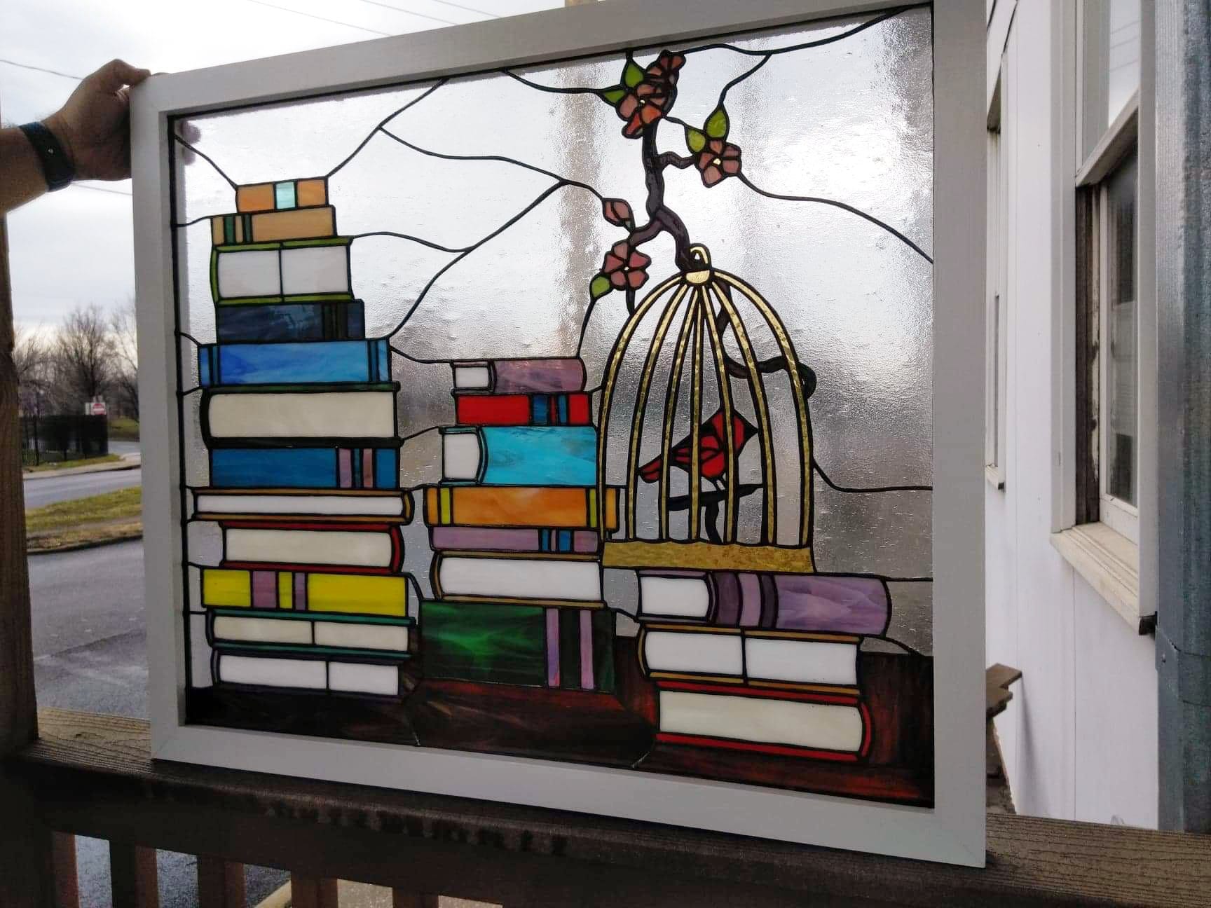 Stained Glass Window W-385 Birdcage and Books 2 - Etsy