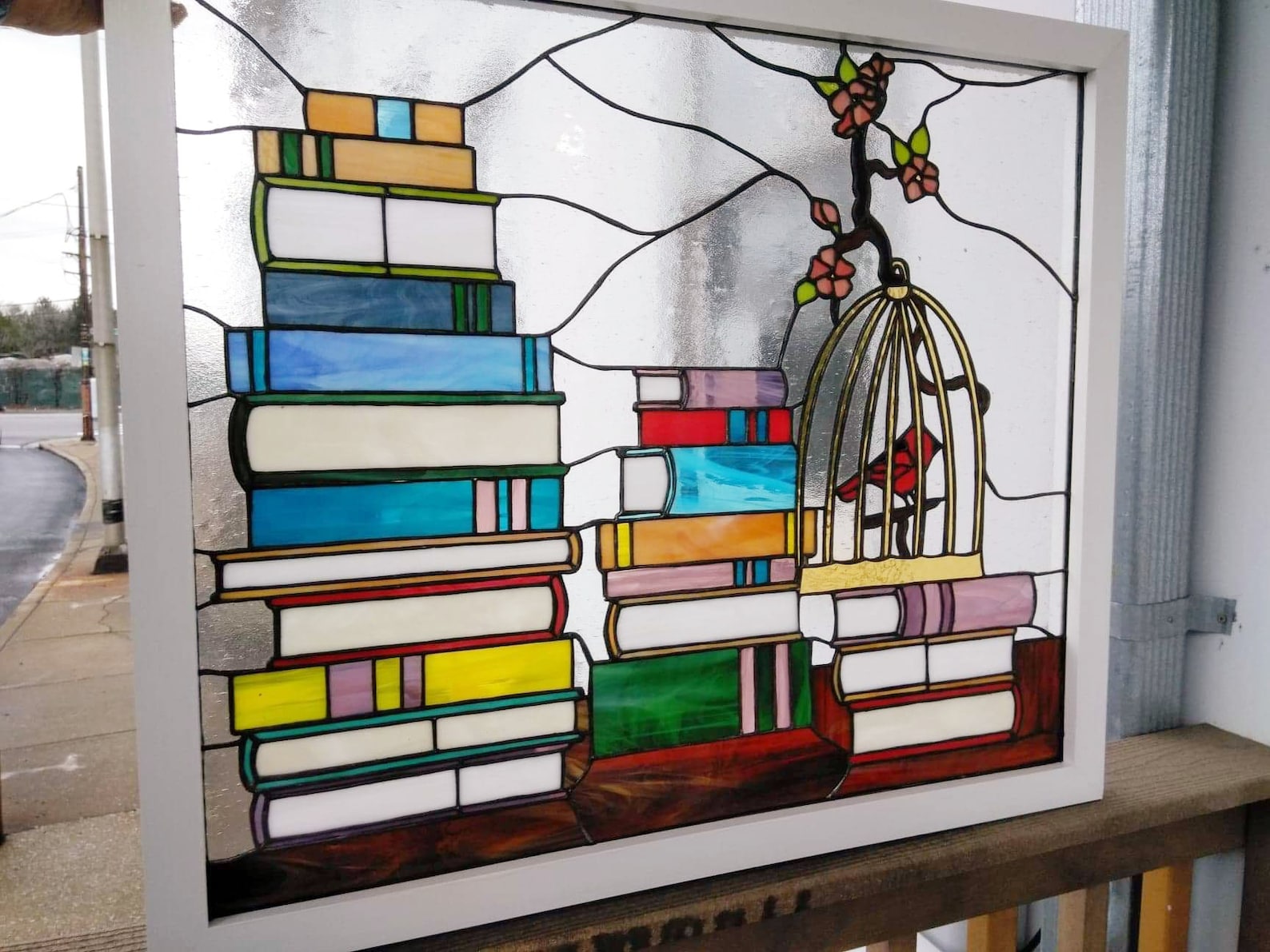 Stained Glass Window W-385 Birdcage and Books 2 - Etsy