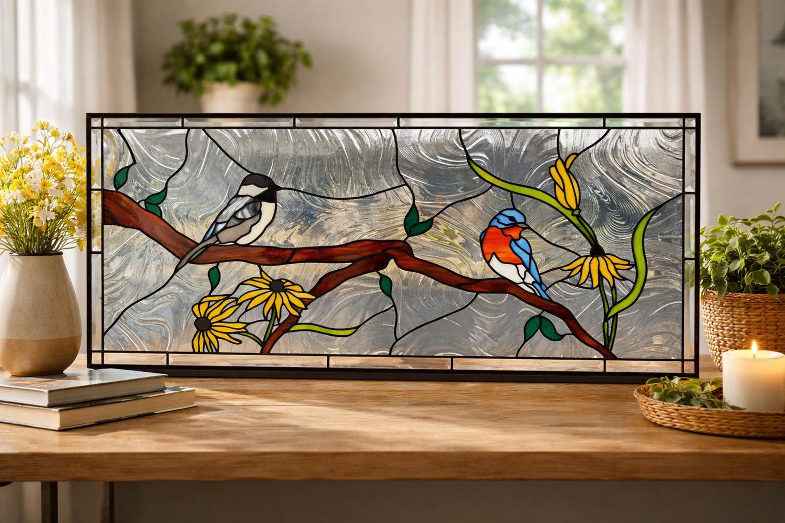 Whimsical Woodland Serenade: the Chickadee & Bluebird Transom Stained ...