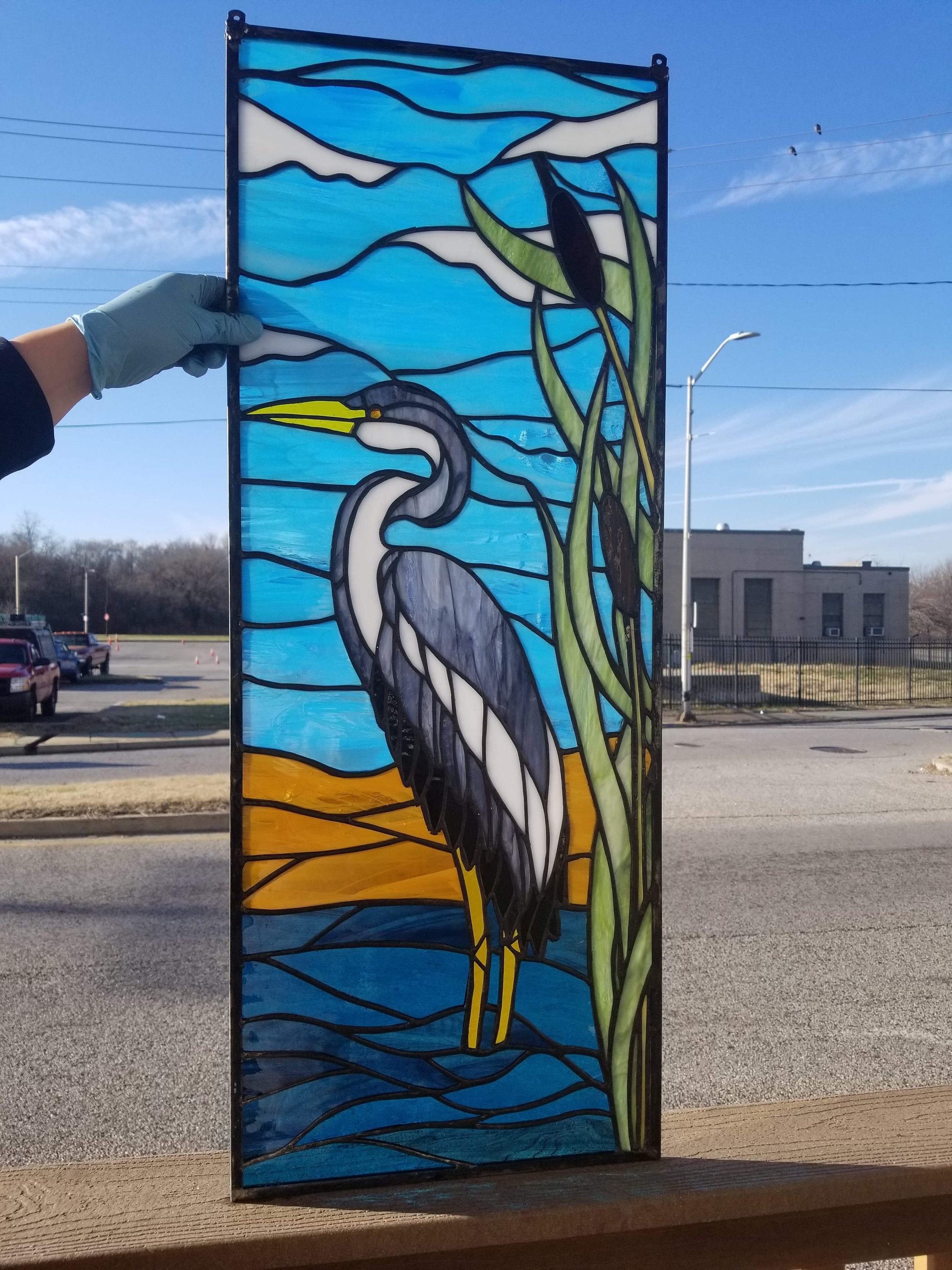 The Silent Sentinel Majestic Blue Heron Lakeside Stained Glass Hanging ...