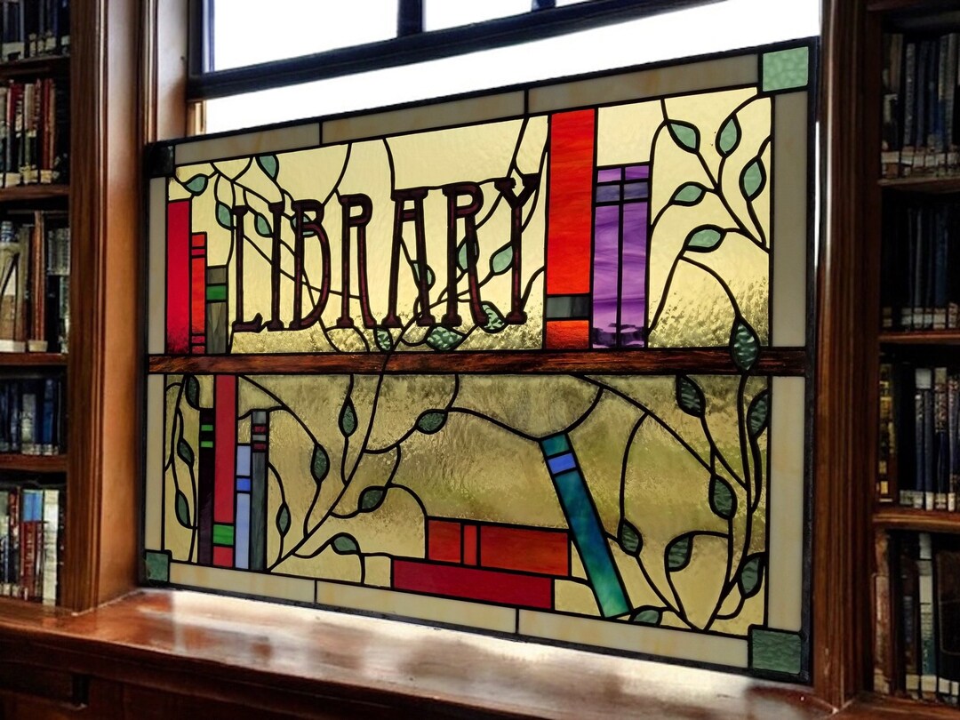 Stained Glass Window Panel W-24 Distinguished Library Books and Vines ...