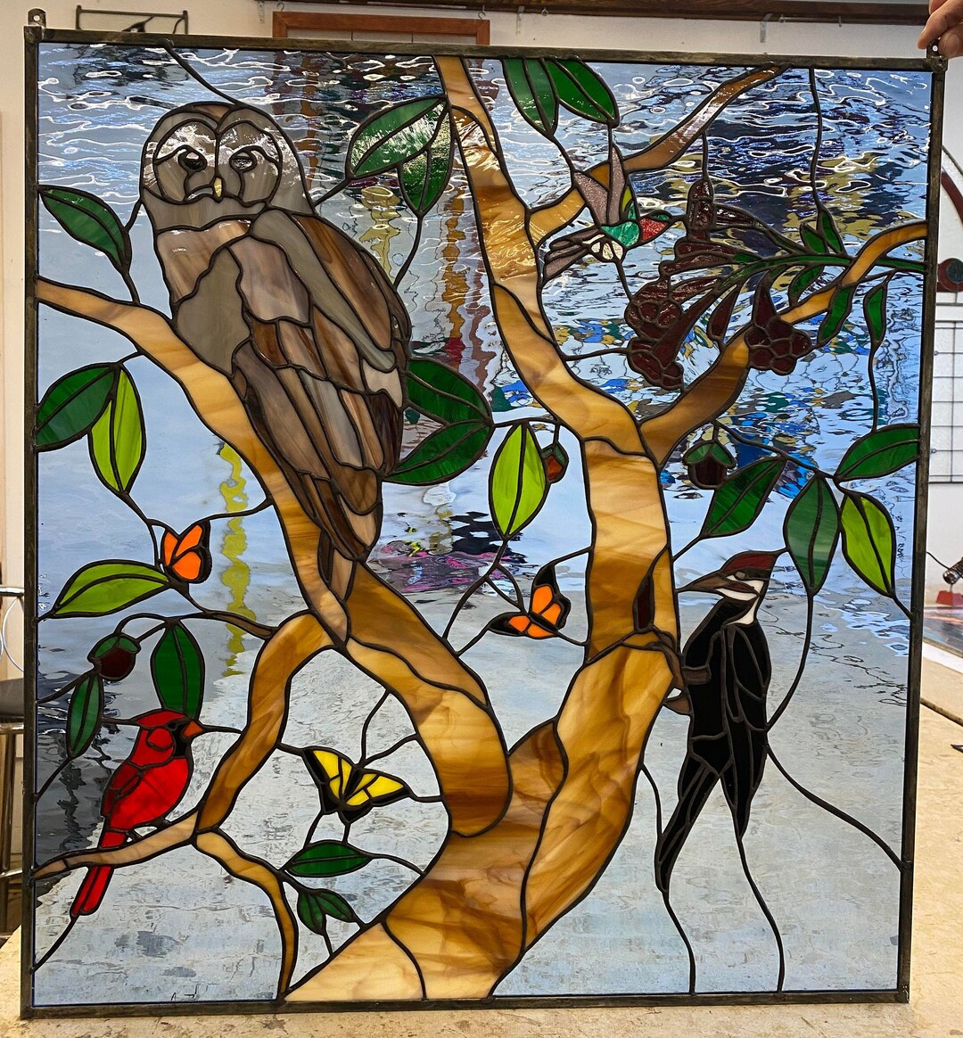 Stained Glass Hanging Panel - Barred Owl Perched in a Tree - P-277 - Etsy