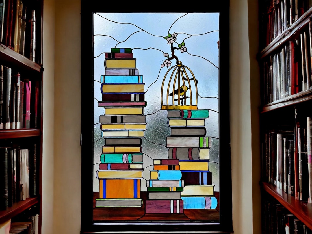 Stained Glass Window - W-261 Birdcage and Books - Etsy