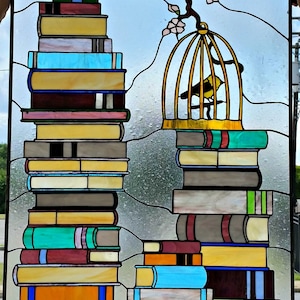 Stained Glass Window - W-261 Birdcage and Books - Etsy