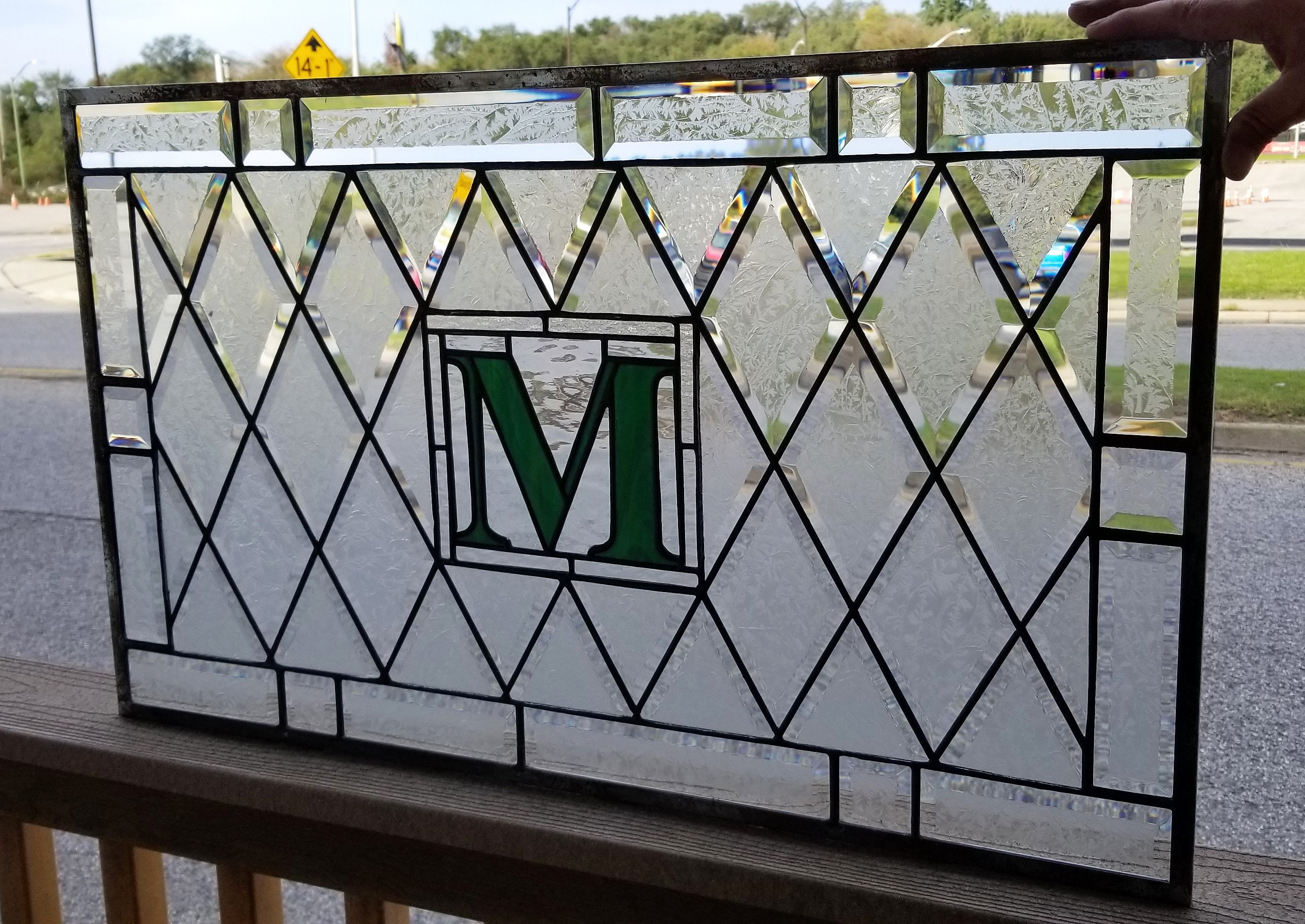 The Emerald Monogram Beveled Glue-chip Stained Glass Estate Hanging ...