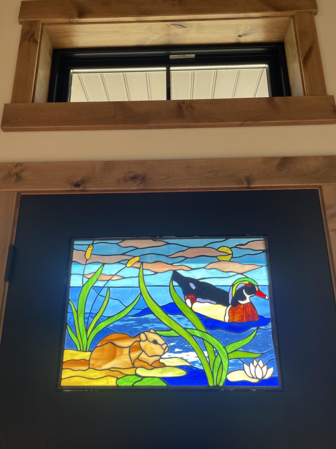 Artisan "woodland Waters" Stained Glass Panel Wood Duck & Muskrat Motif ...