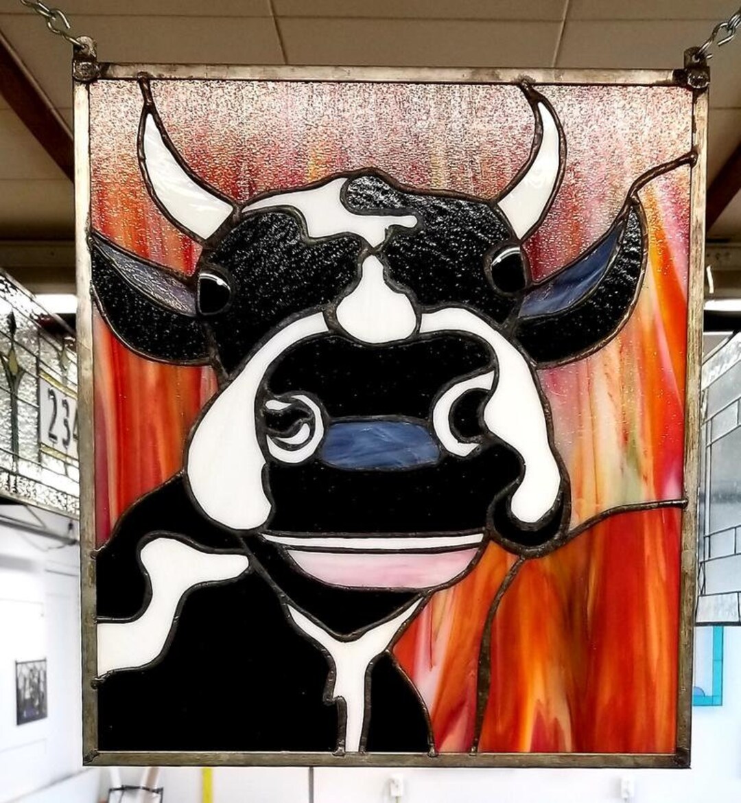 Stained Glass Hanging Panel - RB-175 Happy Holstein Cow - Etsy