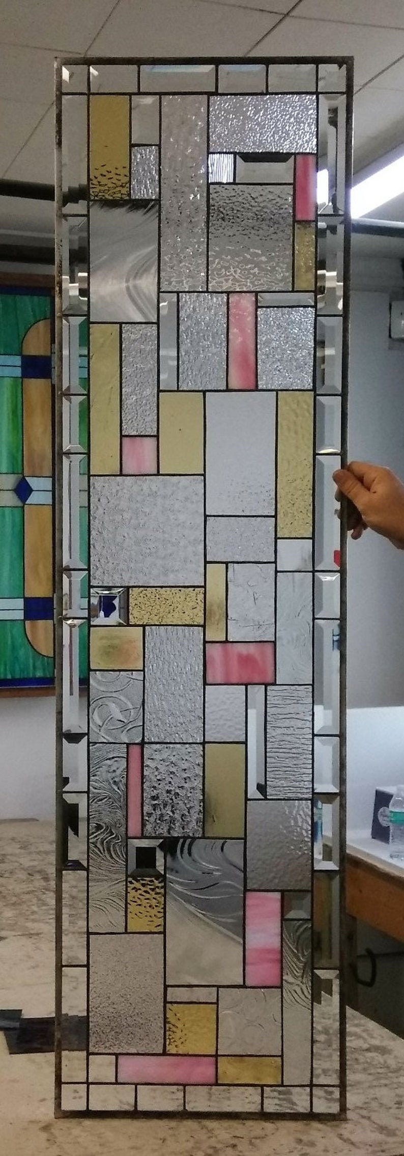 Stained Glass Window W-102 Amber & Pink Rectangles - Etsy