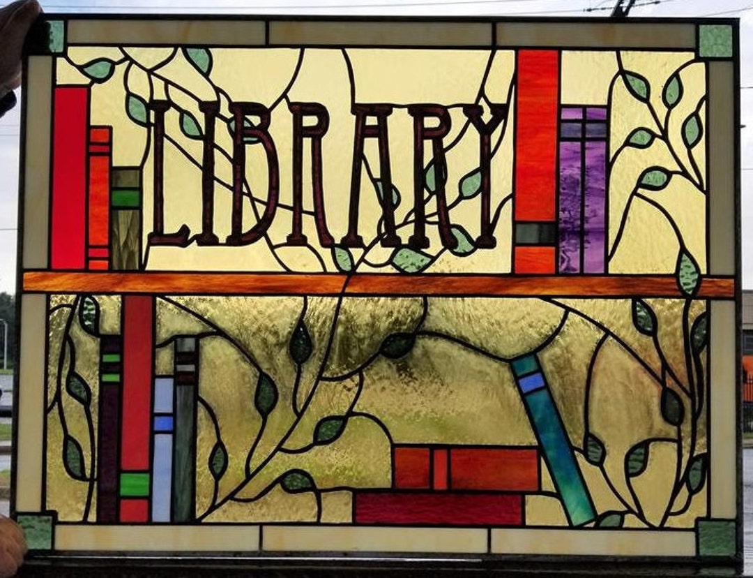 Stained Glass Window Panel - W-24 Distinguished Library Books and Vines ...