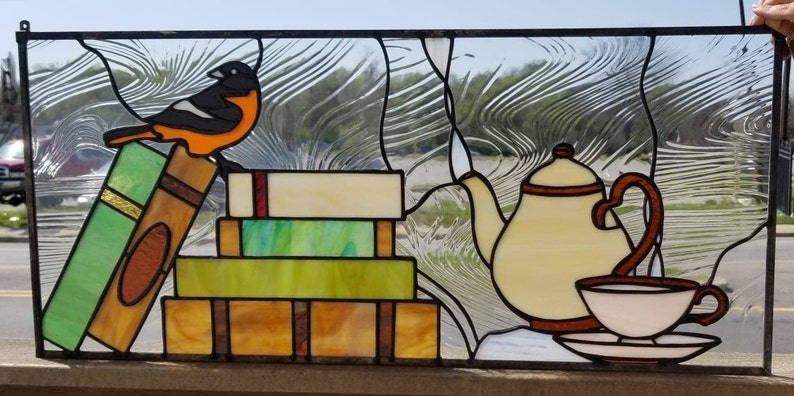 Stained Glass Hanging Panel P-259 Books and a Tea Time - Etsy