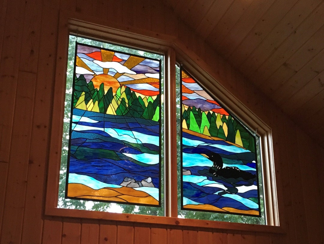 Northwoods Serenade Artisan Stained Glass Loon & Lakeside Sunset ...