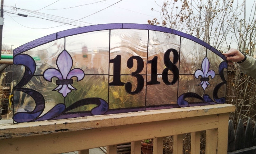 Stained Glass Address Marker -am-189-"purple Fleur De Lis" - Etsy
