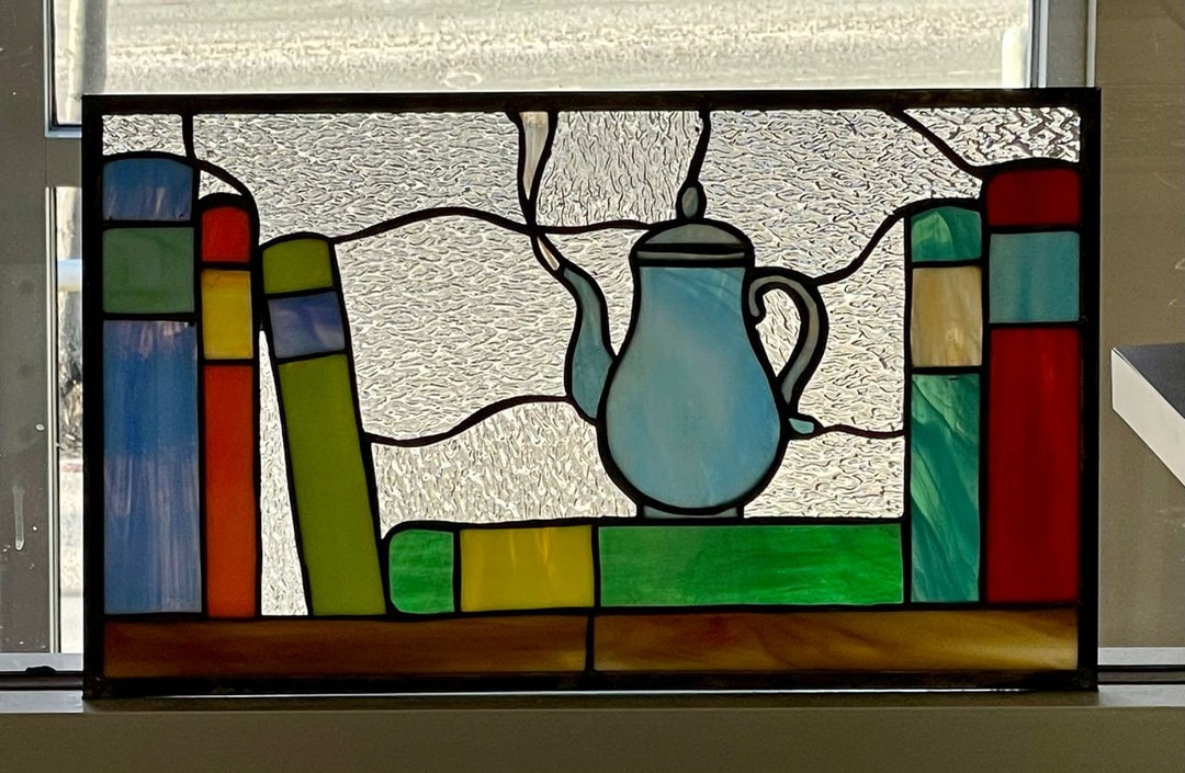 X-5 Teapot and Books Stained Glass Hanging Window Panel - Etsy